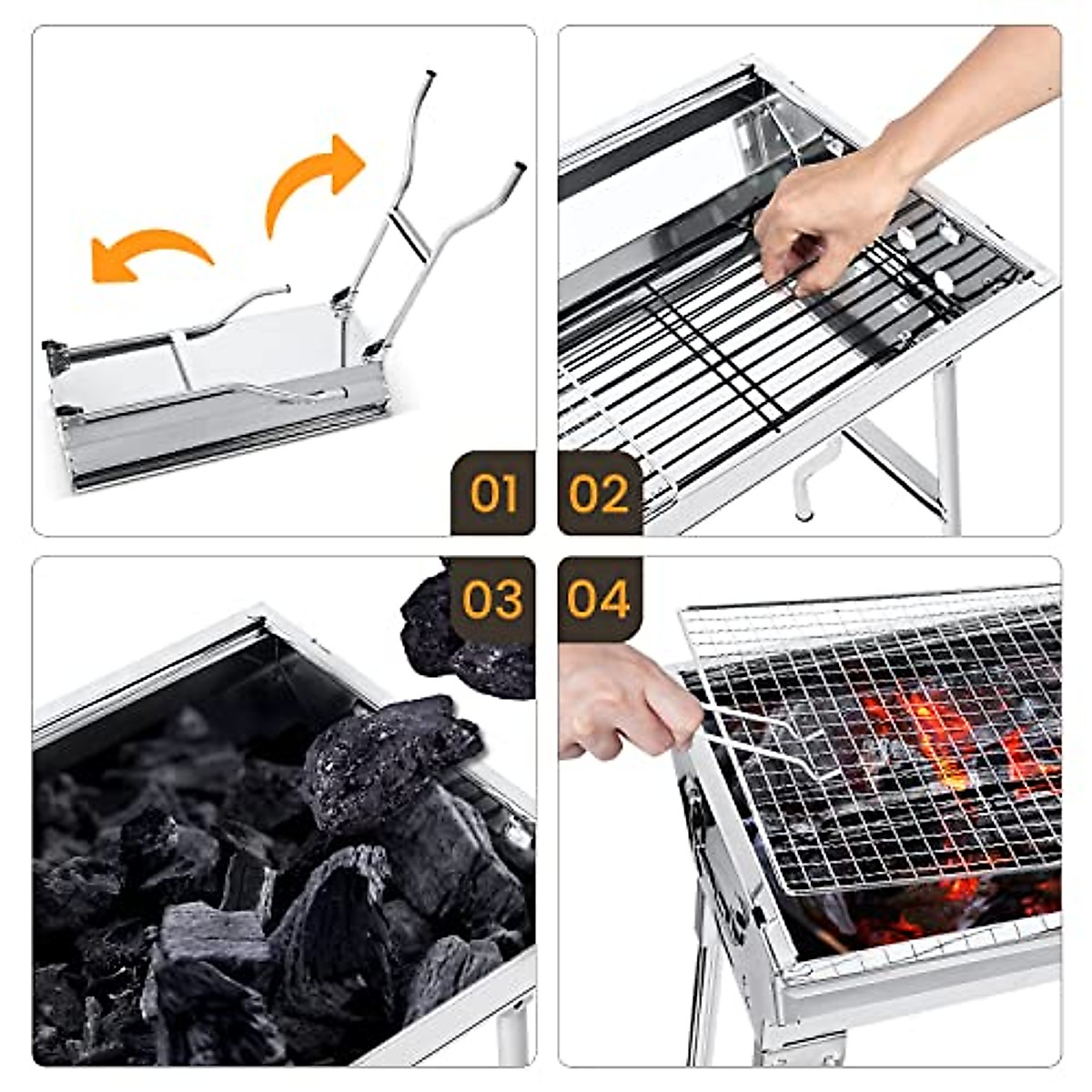 Uten Portable Charcoal Grill, Stainless Steel Folding BBQ Grill and Smoker, Barbecue Grill for Outdoor Cooking Camping Hiking Picnics Garden Beach Party BBQ Tools (Large)