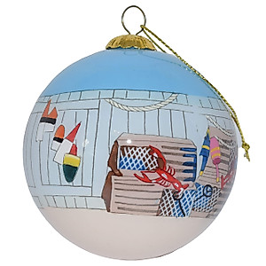 Blown Glass Christmas Ornament | Lobster Traps & Buoys On Fence Martha's Vineyard | Hand Painted Inside | Original Art | Includes Gift Box