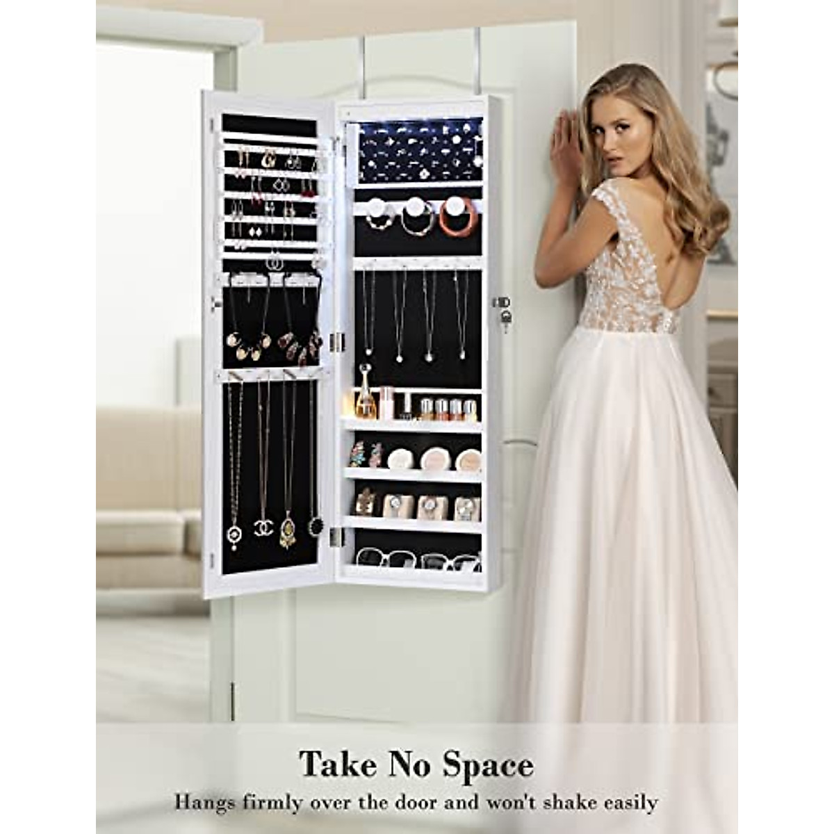 Nicetree 6 LEDs Mirror Jewelry Cabinet with 3 Improvements, 4.2" D Lockable Mirror with Jewelry Storage, Door/Wall Mounted Jewelry Organizer Mirror, Larger Capacity, White