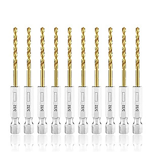 amoolo 3/32 Twist Drill Bit Set, 10Pcs Titanium HSS Hex Shank Impact Drill Bit Set for Metal, Steel, Wood, Plastic, Quick Change Design