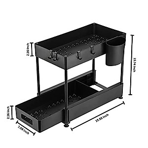 Storage King Under Sink Organizers and Storage, 2 Tier Kitchen & Bathroom Cabinet Basket, Storage Shelf with Sliding Drawers, Multi-Purpose Sink Organizer with Hooks & Cups & Non Slip Mat, Black