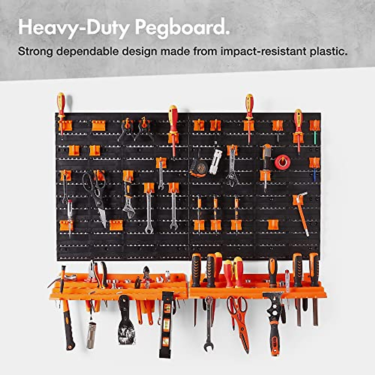VonHaus 50 Piece Wall Mounted Plastic Pegboard and Shelf Tool Organizer - DIY Garage Storage Wall Mount System with Rack and 50 Assorted Hook Accessories - Tool, Parts and Craft Organizer
