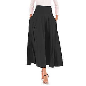 Bravetoshop Womens High Waist Flowy Midi Skirt Casual Elegant Pleated Swing A Line Maxi Skirts with Pockets (Black,XXL)