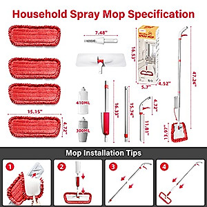 DDSNTY Mops,Spray Mops for Floor Cleaning,Spray Mop with Washable Pad,Kitchen Dry & Wet Mop with 410ML&300ML Refillable Bottle 4 Reusable Washable Pads for Hardwood Laminate Wood Tiles Floor Red…