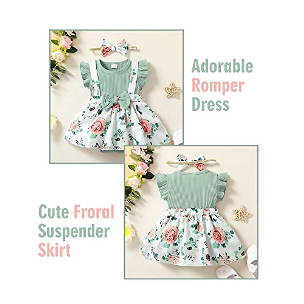 HIGHUZZA Baby Girl Clothes 3-6 Months Newborn Romper Summer Dress Infant Outfits Fly Sleeve Floral Clothing Suspender Headband Overall Skirt Set Green