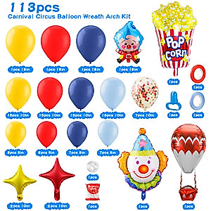 VinTS Carnival Circus Balloon Garland Arch Kit,113Pcs Red Blue Yellow Carnival Balloon,Clown&Popcorn&Hot Air Balloon,Confetti Balloons for Birthday Parties,Carnivals Circus Themes,Graduation
