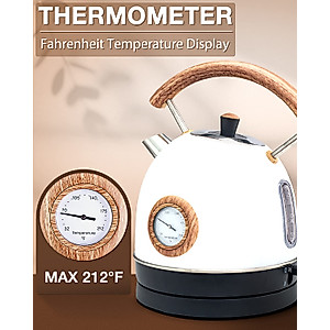 Electric Tea Kettle, Hot Water Boiler with Thermometer 1.7 Liter Stainless Steel Teapot, BPA Free, 1500W, SMOLON Wood Pattern Handle Pour-Over Electric Kettle with LED Indicator Auto Shut-Off, White