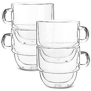 BTaT- Stackable Insulated Coffee Mugs, 4 Pack 8 oz(240 ml), Stackable Cappuccino Cups, Double Wall Glass Coffee Cups, Tea Cups, Latte Cups, Beer Glasses, Latte Mug, Clear Mugs