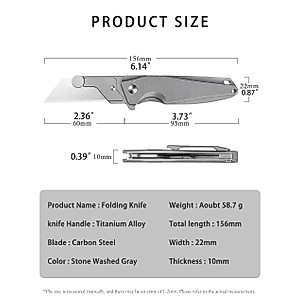ainhue A373 Pocket Folding Flipper Utility Knife, 10pcs Replaceable Blades, 3.73 inches Stonewashed Titanium Handles Pocket Clip, Compact High-end Art Craft Wallpaper Cutter Electrician Knives