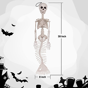 DECORLIFE 30" Mermaid Skeleton, Skeleton Halloween Decoration, Hanging Posable Halloween Prop for Haunted House, Trunk or Treat, Bathroom