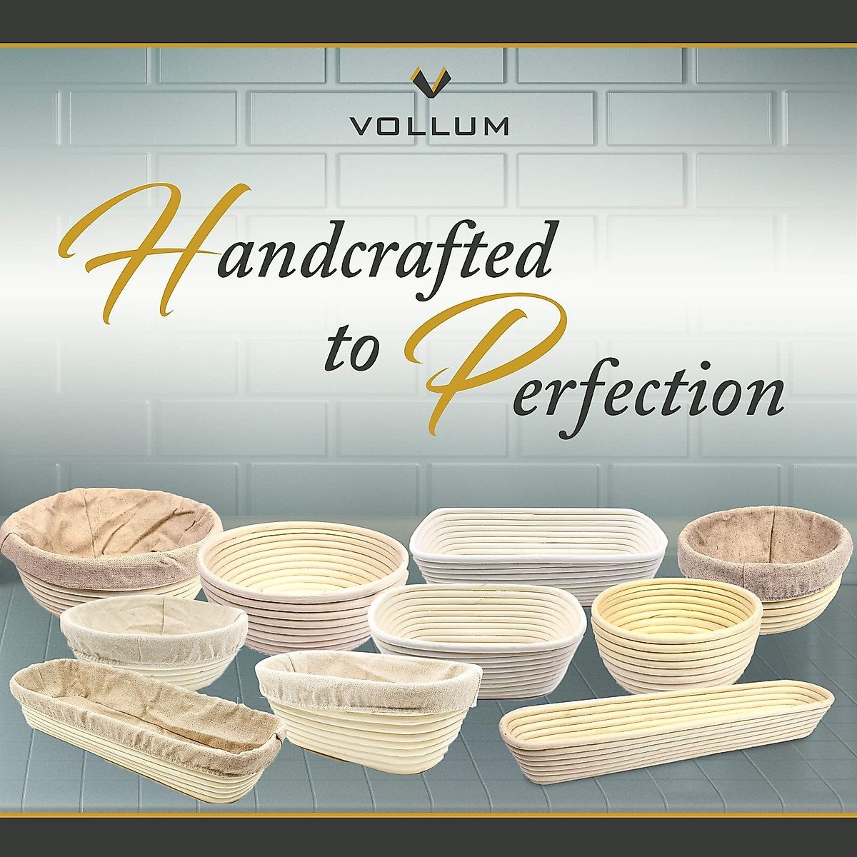 Vollum Bread Proofing Basket Banneton Baking Supplies for Beginners & Professional Bakers, Handwoven Rattan Cane Bread Maker with Linen for Artisan Breads, 7 x 4 Inch, 0.5-Pound Round Brotform