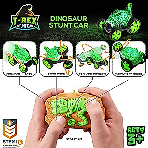 Force1 Dino Whirler T-Rex 360 Stunt Car Mini RC Car for Kids - Fast Remote Control Mini Stunt Car 5 Wheels LEDs 360 Flips Standing Rotating Small RC Car 2.4 GHZ Remote Control Car Toy for Boys Girls