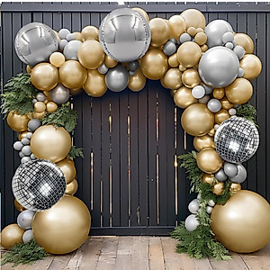 Chrome Gold Silver Balloon Garland Kit-Metallic Gold Silver Balloons and 4D Disco Silver Foil Mylar Balloons Arch for Birthday Baby Shower Graduation Bachelorette Wedding New Year Party Decoration