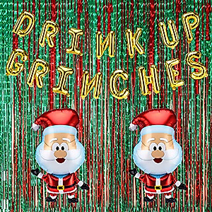 Christmas Party Decorations - Gold Drink Up Grinches Balloons Banner, Red and Green Foil Fringe Curtains Party Photo Backdrop for Xmas Holiday Party Decorations