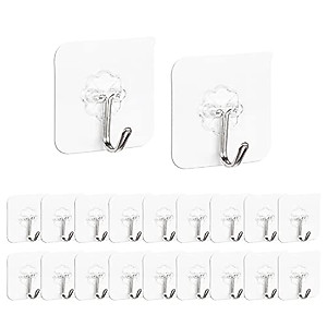 20 Pack Adhesive Hooks for Hanging Heavy Duty 22lbs Wall Hooks, Transparent Reusable Seamless Hooks, Waterproof and Rustproof Wall Hooks for Home Kitchen, Bathroom, Office