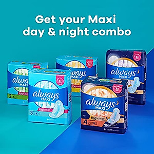 Always Maxi Feminine Pads For Women, Size 4 Overnight Absorbency, Multipack, With Wings, Unscented, 48 Count x 3 Packs (144 Count total)
