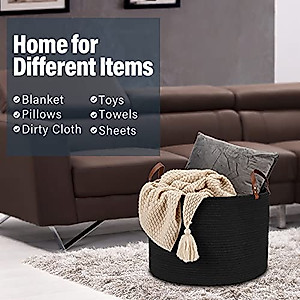 Cotton Rope Basket XXL Blanket Basket for Blankets Large Woven Storage Basket Round Rope Basket Black Toy Basket Woven Laundry Basket with Real Leather Handle, 20''X20''X13''