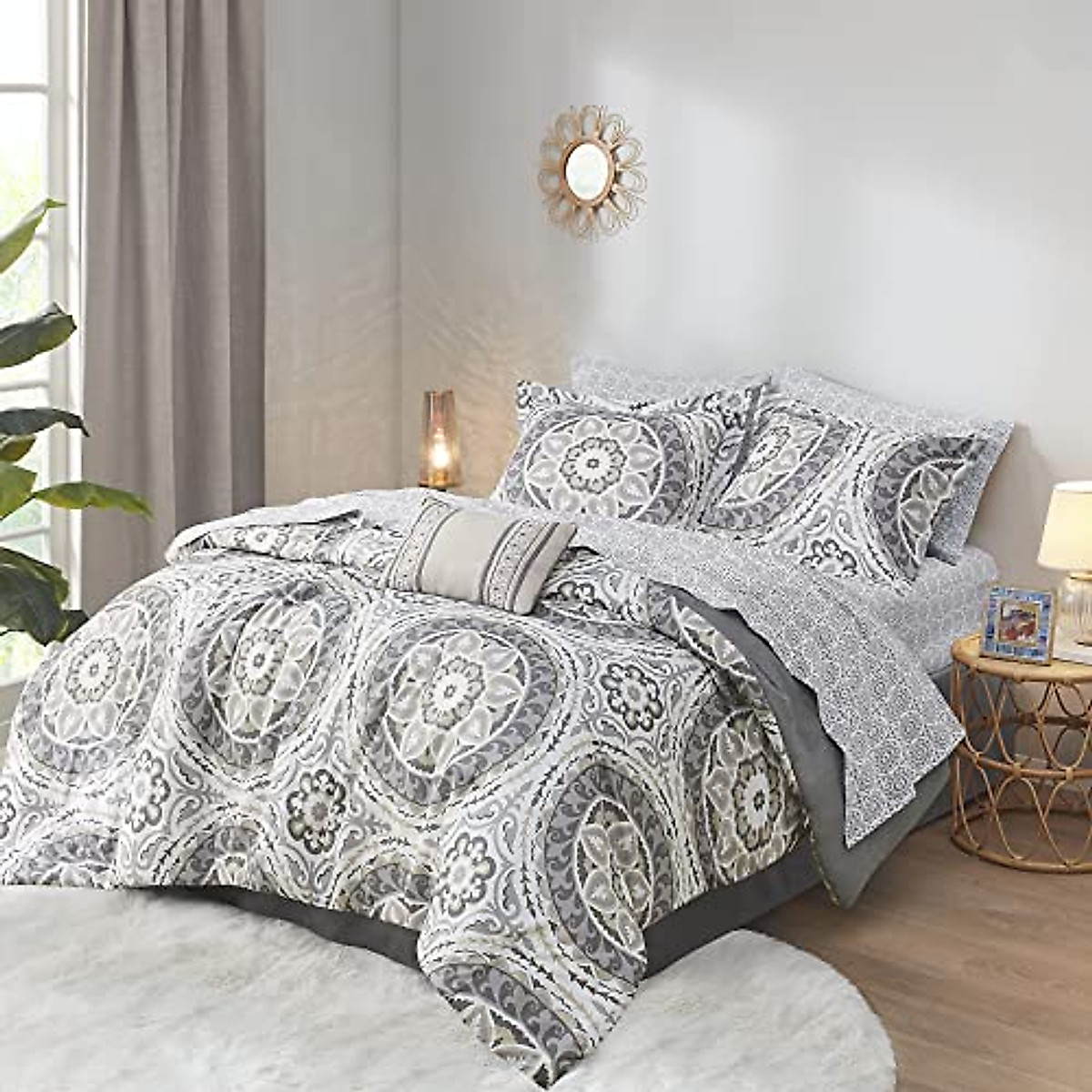 Madison Park Essentials Serenity Bed in a Bag Comforter Set, Medallion Damask Design, All Season Bedding with Cotton Sheet Set, Bedskirt, Queen(90"x90"), Taupe 9 Piece