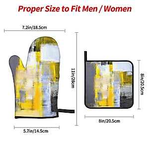 Oven Mitts and Pot Holders Sets of 4 Gray Yellow Modern Art Abstract Kitchen Potholder Gloves Heat Resistant Non-Slip for Chef Baking Cooking Grilling BBQ Mittens