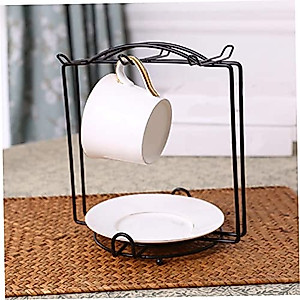 BUJIATANG 2 in 1 Tea Cup Holder Stand with Saucer Holder Stainless Steel Mug Tree Rack for 6 Mugs Metal Wire Coffee Cup Rack for Kitchen Black