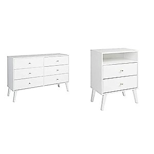 Prepac Milo Mid-Century 6 Drawer Double Dresser for Bedroom, 16" D x 52.50" W x 33" H, White & Milo Mid-Century Modern 2 Drawer Nightstand with Open Shelf, 16" D x 22.5" W x 29.5" H, White