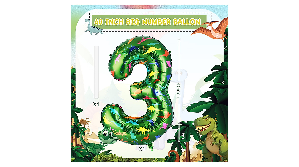 Large 40-Inch Dinosaur Number 3 Balloon for Birthdays & Baby Showers