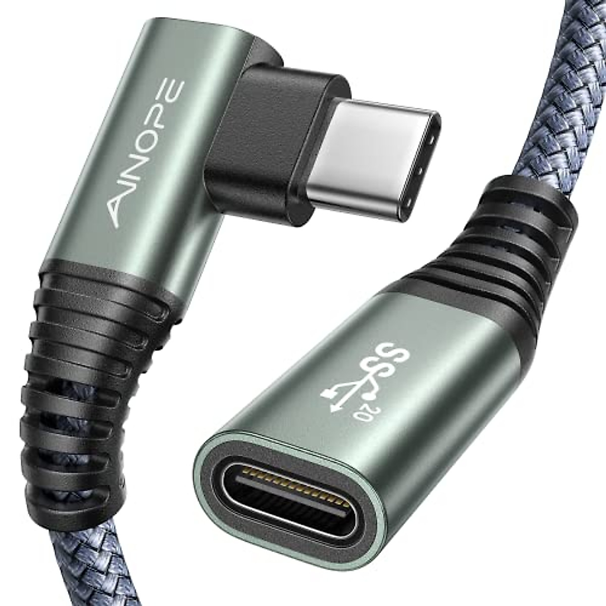 AINOPE USB C Extension Cable, (3.3Ft/1m/20Gbps) Right Angle USB 3.2 Type C Extension Nylon Braided 100W/5A Fast Charging Compatible with USB C Hub/Dell XPS/MacBook/iPad Pro/Magsafe Charger(Gray)