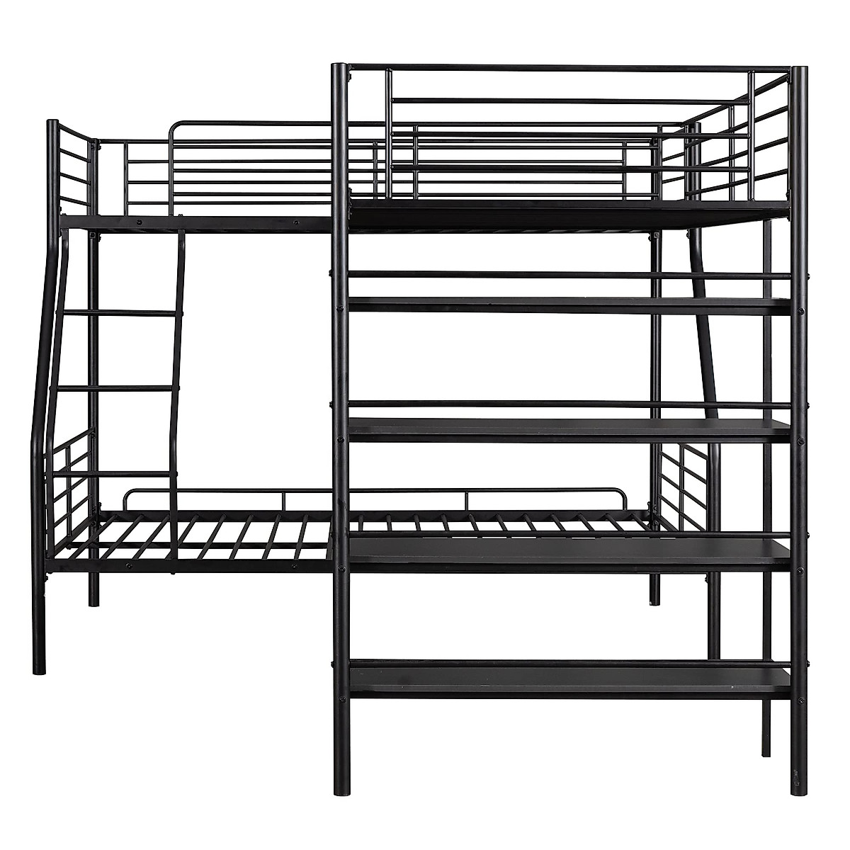 Harper & Bright Designs Metal Twin Over Full Bunk Bed with a Loft Attached, Triple Bunk Bed Frame Built-in Four Storage Shelves, L-Shaped 3 Bed Bunk Beds with Guardrails and Ladders, Black