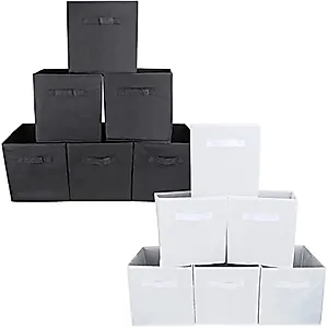 EZOWare Set of 12 Foldable Basket Bin Collapsible Storage Cube For Nursery, Kids Toys Organizer, Shelf Cabinet - (White + Black)