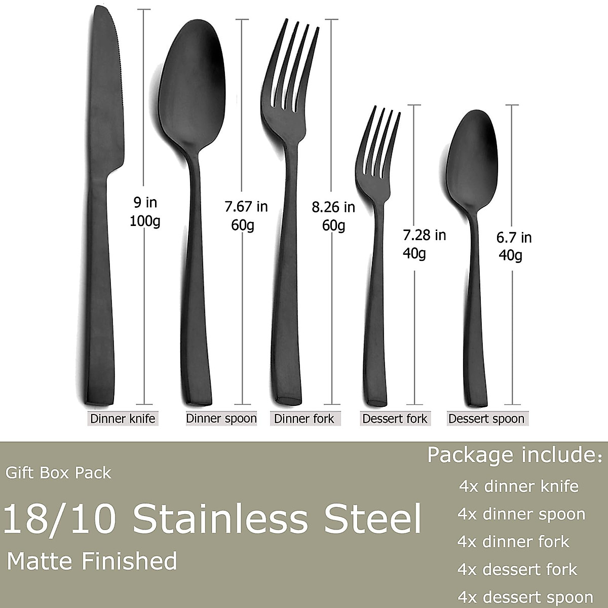 Snplowum 20-piece Black Cutlery Set, 18/10 Stianless Steel Silverware Heavy Duty Tableware Set Include Dinner Knife/Fork/Spoon, Service For 4, Matte Polish
