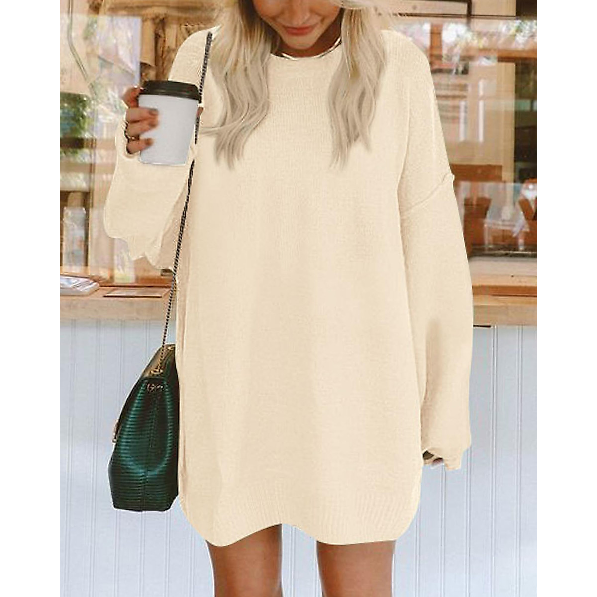 BTFBM 2024 Womens Sweaters Casual Crewneck Long Sleeve Oversized Sweater Dress Fall Winter Loose Slouchy Soft Pullover(Solid Beige, Medium)