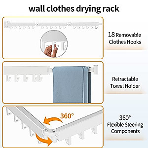 Kelisiting Retractable Clothes Drying Rack-3 Fold White Laundry Drying Rack,Wall Mounted Clothes Hanger,Space Saver,Foldable Durable,for Balcony,Laundry,Bathroom,Patio,Apartment,Dormitory