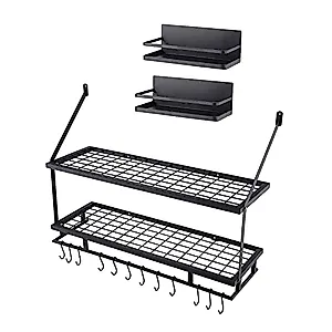 KES 30-Inch 2-Tier Kitchen Pan Pot Rack Hanging Storage Organizer with 12 Hooks and 2 Pack Magnetic Spice Rack for Refrigerator Matte Black, KUR215S75B-BK+KRR502-BK-P2