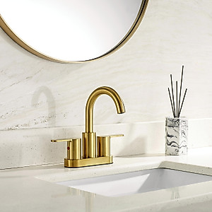 TimeArrow Brushed Gold 2 Handle Centerset Bathroom Sink Faucet with Drain Assembly, High Arc Modern 4 Inch Bathroom Vanity Lavatory Faucet 3 Holes with Brass 360° Swivel Spout, TAF067E-PB