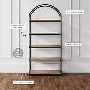 Nathan James Haven Etagere Bookshelf, 5-Shelf Bookcase in Oak Wood and Black Metal Frame with Arch Top and Open Shelves, Oak/Black