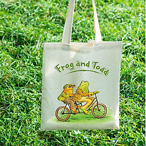 THEYGE Funny Frog Tote Bag Cute Frog and Toad Canvas Bag for Women Gift Cotton Canvas Tote Bag with Pocket Reusable Grocery Bag Beach Shopping Shoulder Bag