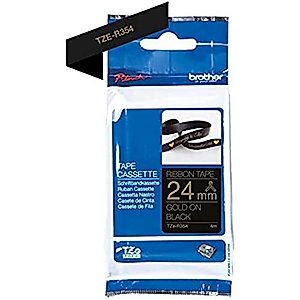 Brother TZe-R354 Labelling Tape Cassette, Gold on Black, 24mm (W) x 4M (L), Ribbon Tape, Brother Genuine Supplies