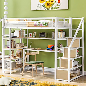 3 in 1 Design Full Size Loft Bed with Storage Staircase, Heavy Duty Metal Loft Bed Frame with Built-in Desk,3-Tier Storage Shelves and Guardrails for Bedroom Guest Room Apartment, Space Saving