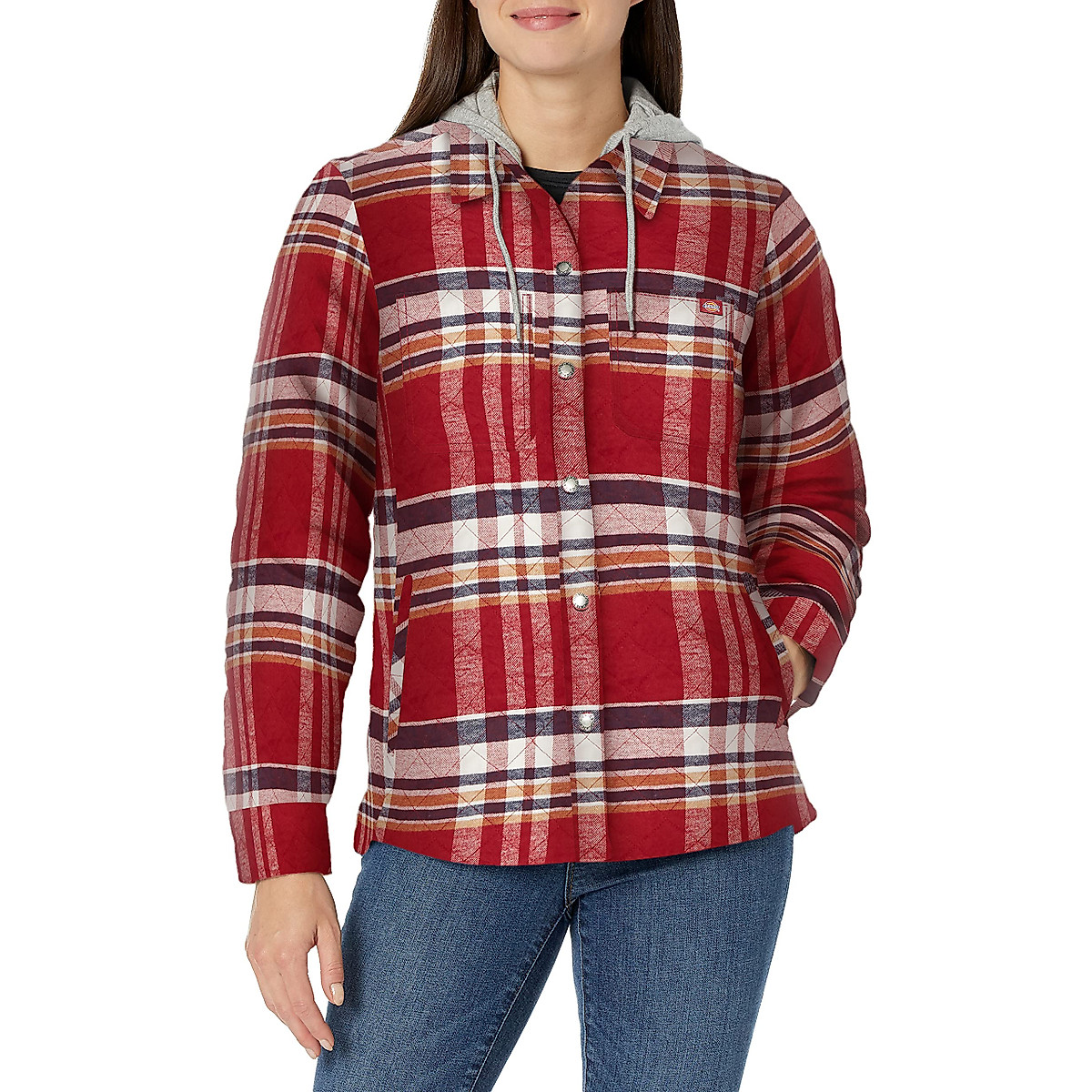 Dickies Women's Flannel Hooded Shirt Jacket, Boyfriend Aged Brick Plaid, X-Small