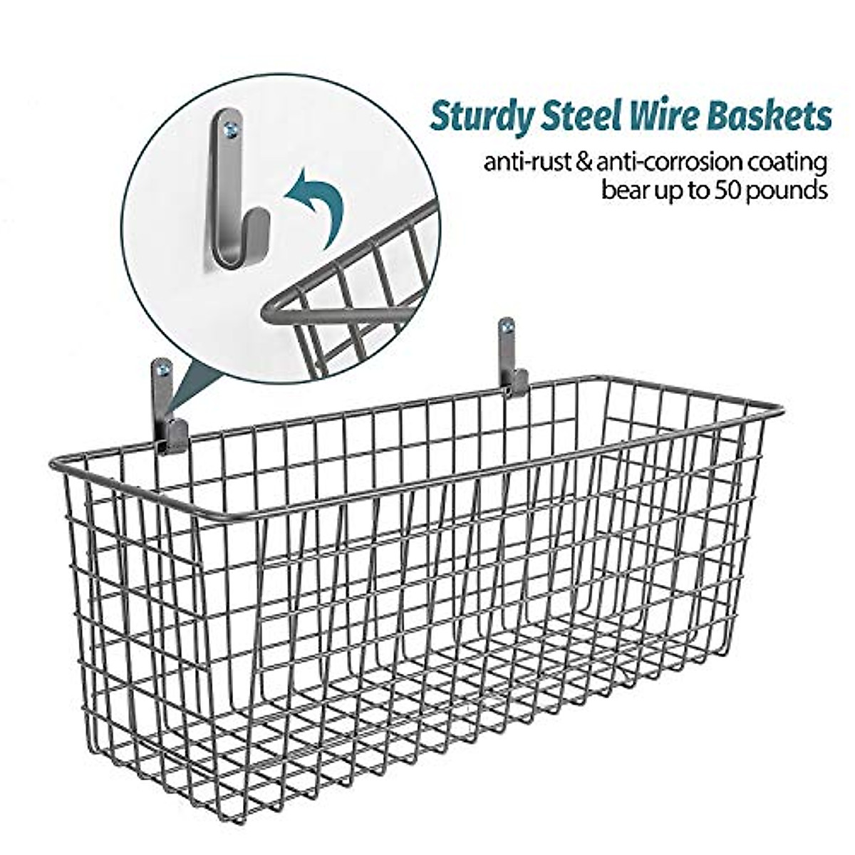 3 Set [Extra Large] Hanging Wall Basket for Storage, Wall Mount Sturdy Steel Wire Baskets, Metal Hang Cabinet Bin Wall Shelves, Rustic Farmhouse Decor, Kitchen Bathroom Organizer, Industrial Gray