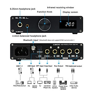 SMSL C200 Balanced Headphone Amplifier, XMOS ES9038Q2M HiFi DAC Amp, USB/Bluetooth/OPT/COAX to RCA/TRS Balanced Out, 4.4mm/6.35mm Jack DSD512 32Bit/768kHz Desktop Home Audio Amp for Switch XBOX PS5