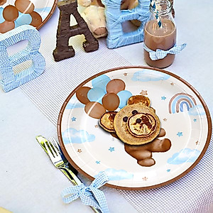 Teddy Bear Baby Shower Decorations Plates Set for 25,Boho Paper Plates Napkins Forks for Boy Brown Blue Tableware Birthday Party Supplies