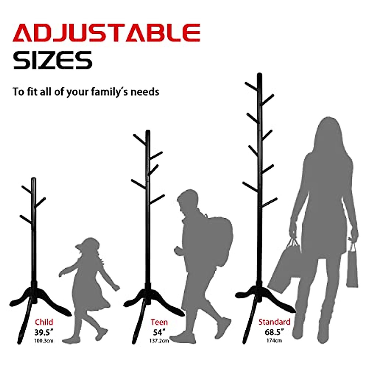 YEVONNIE Coat Rack Free Standing, Solid Wood Coat Stand, Hall Coat Tree with 8 Hooks for Coats, Hats, Bags, Purses, for Entryway, Hallway, Rubberwood (BLACK)