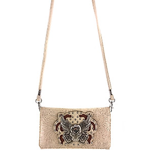 Justin West Tooled Winged Sugar Skull Roses Laser Cut Wristlet Trifold Wallet Attachable Long Strap (Silver)