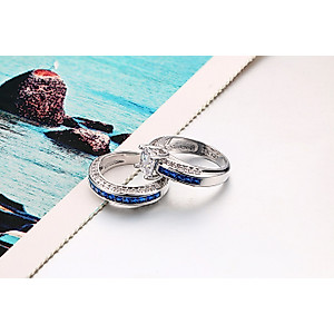 European Style Amethyst Two Pieces Cubic Zirconia Wedding Engagement Band Couple Rings (Blue, 5)