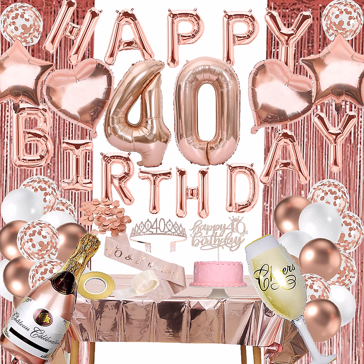 40th Birthday Decorations Women - Rose Gold 40 Birthday Decor for Her, Happy Birthday Banner, Table Cloth, Cake Topper, Bday Sash and Crown, Balloons Set for Forty Years Old Party Supplies