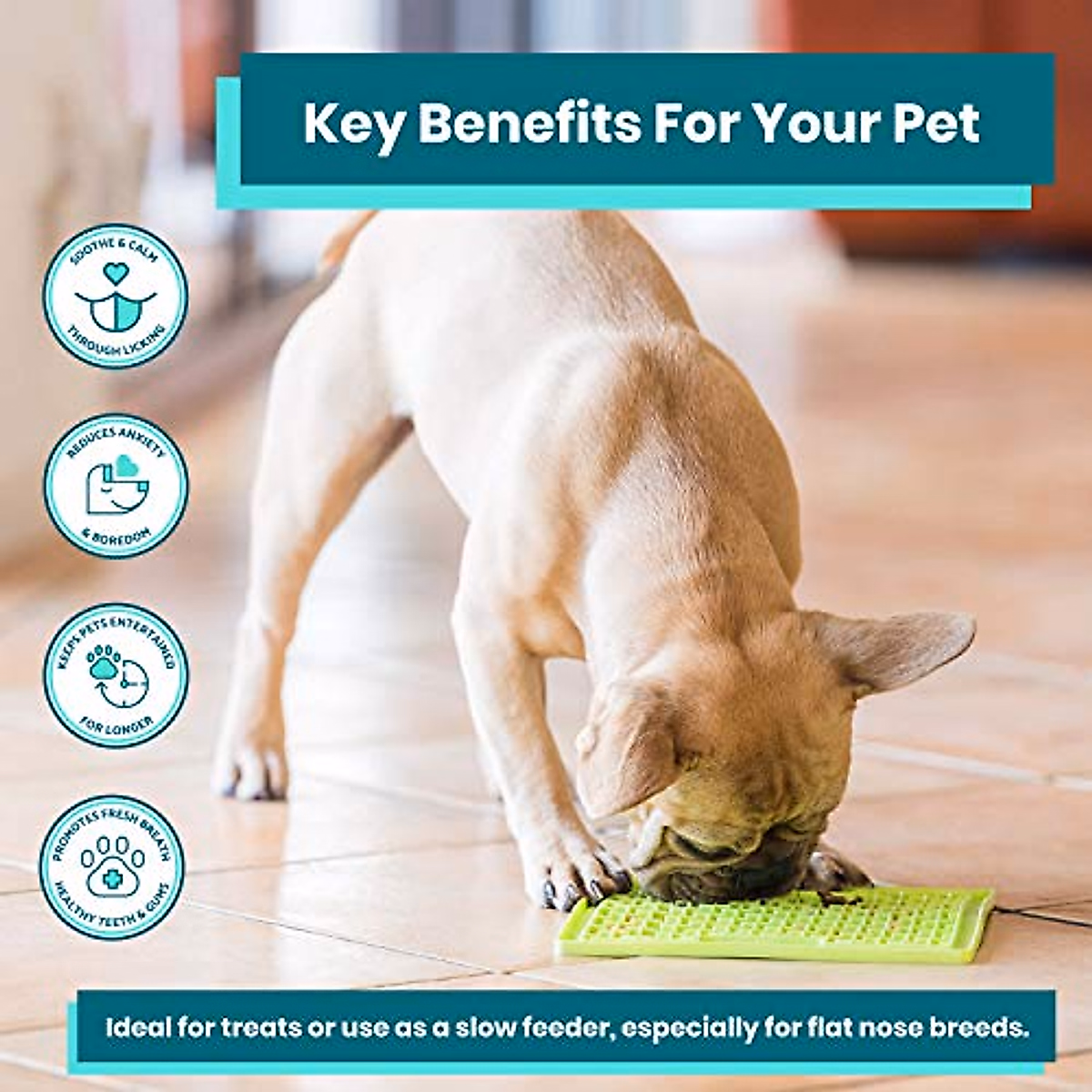 LickiMat 8"X8" 1 Piece Classic Soother Slow Feeder for Dogs Lick Mat Boredom Anxiety Reducer Perfect for Food Treats Yogurt Peanut Butter Fun Alternative to a Slow Feed Dog Bowl (Turquoise)