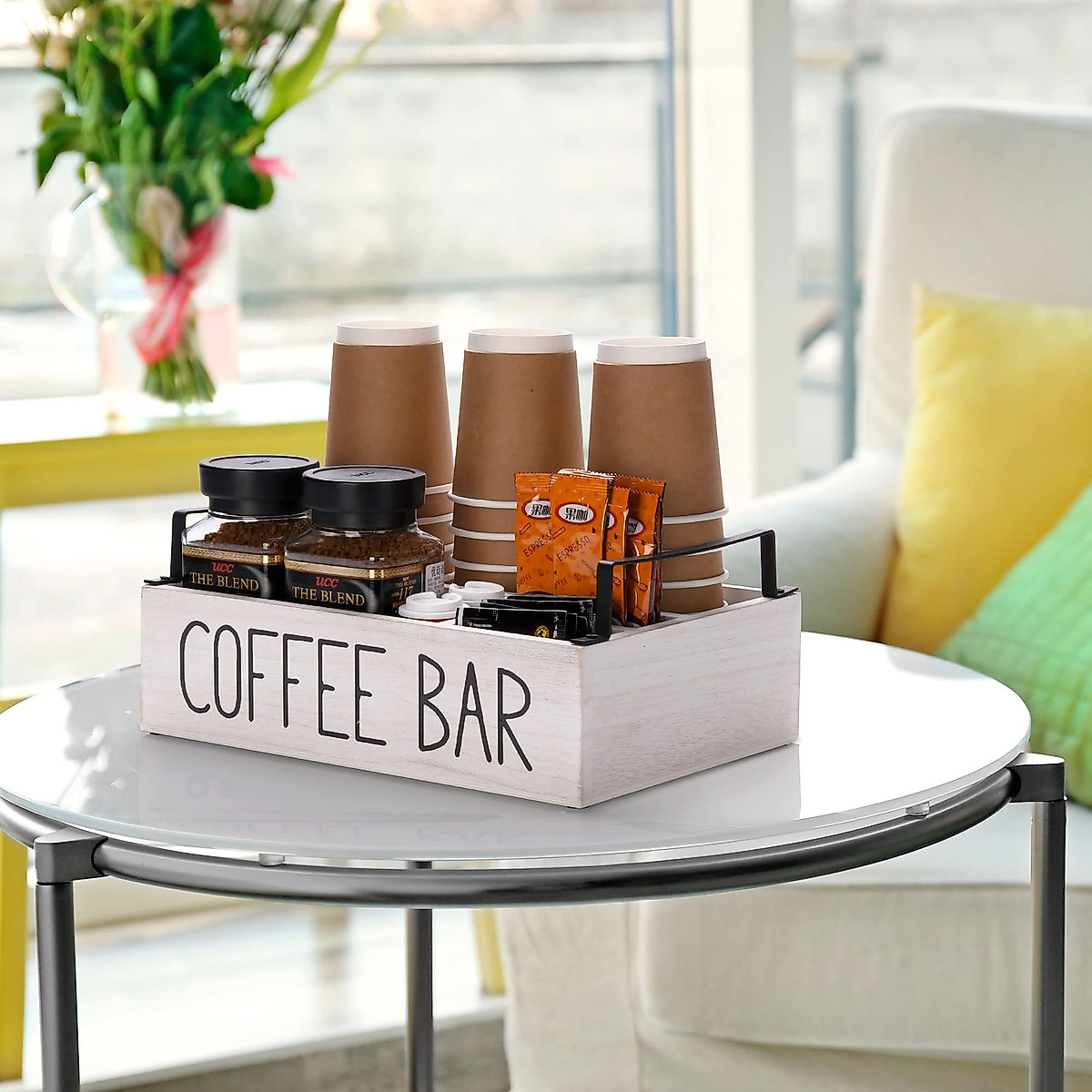 Coffee Station Organizer – Wooden Coffee bar Organizer for Kitchen Counter – Large Storage of 4 Compartments with Handles Perfect for Workplace, Meetings, Gatherings and Parties