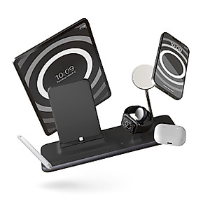 Zens 4-in-1 Magsafe Compatible Wireless Charging Station, Supports iOS 17 Standby Mode, for iPad, iPhones 12 and up, AirPods, and Apple Watch, Qi/MFI Certified, 45W Adapter Included, Black