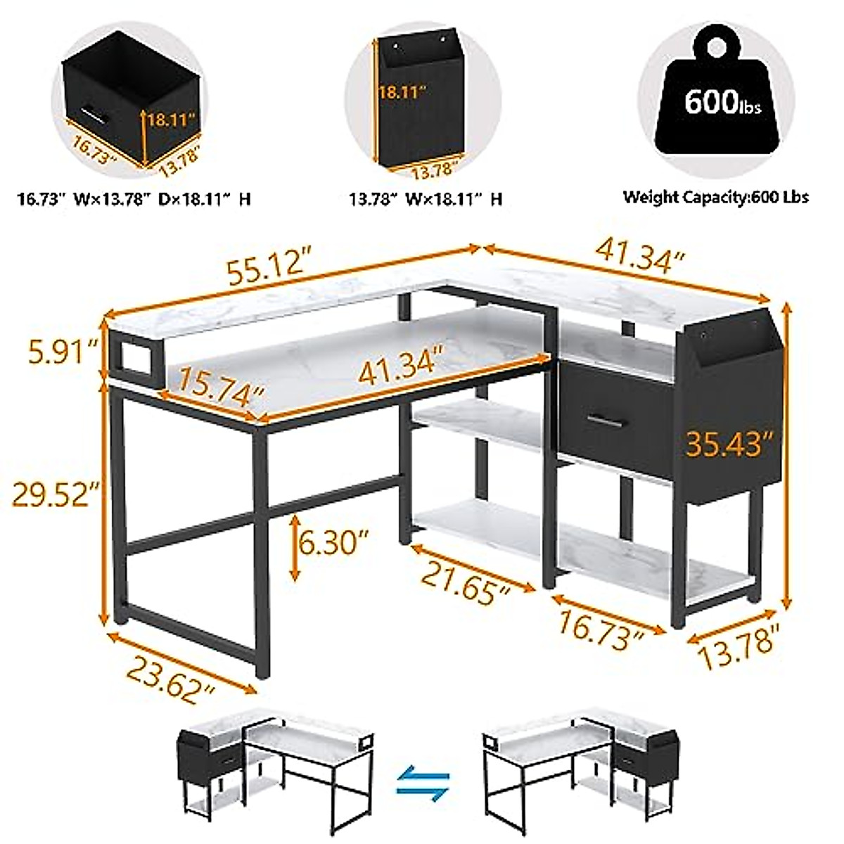 Loomie Reversible L Shaped Computer Desk with Drawer, 55"Wx41"D Industrial Corner Computer Desk with 4 Tier Storage Shelves&Monitor Stand and Storage Bag,Study Table for Home Office, White Faux Marble